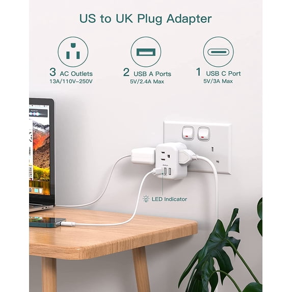 LINYAN-US to UK Ireland Plug Adapter, Type G Power Adapter with 3 AC ...