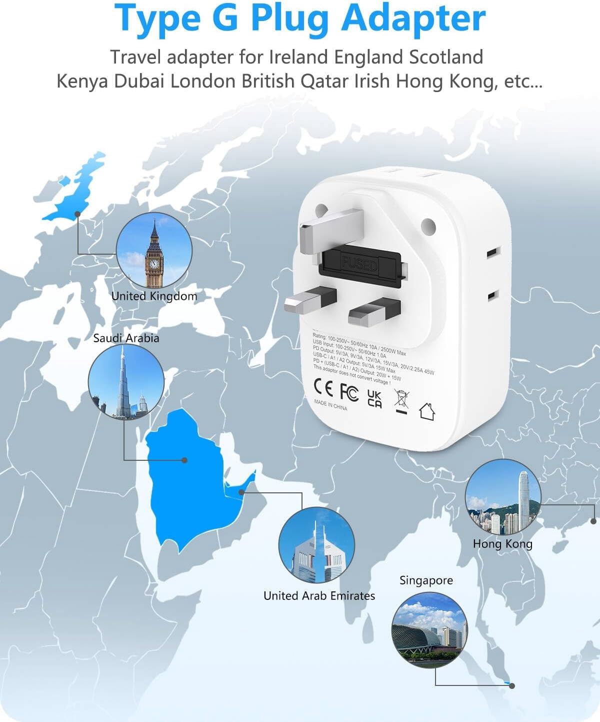 LINYAN-US to UK Ireland Travel Plug Adapter,PD 45W Grounded Type G ...
