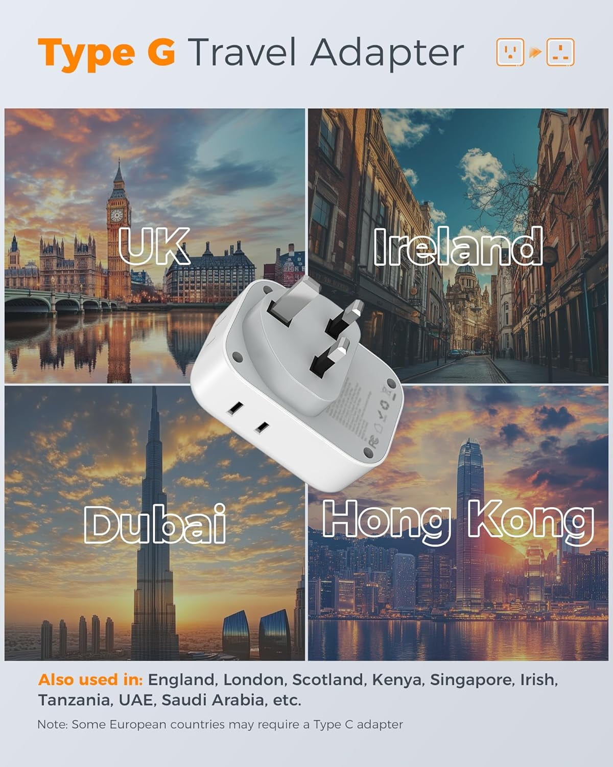 LINYAN-US to UK Plug Adapter 2 Pack, Type G Adapter for Travel with 4 ...