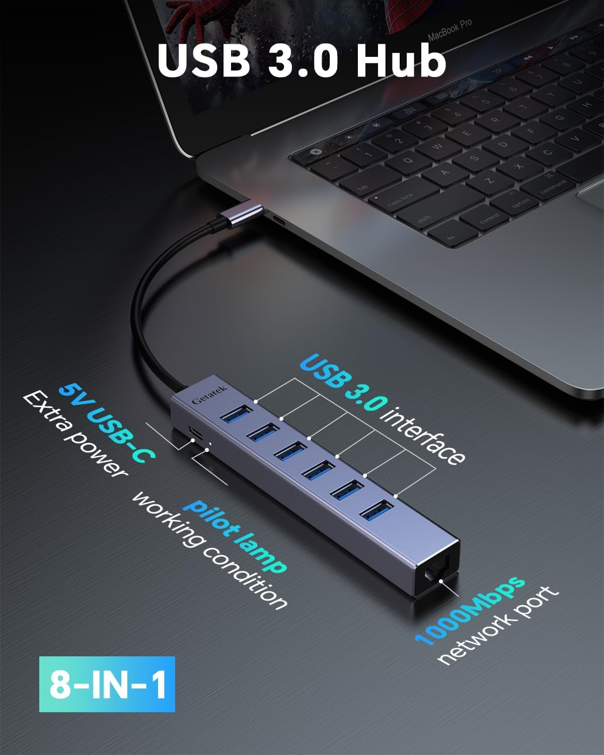 LINYAN-USB 3.0 Hub, 8 Ports USB Ethernet Hub, with 7 USB 3.0 Port, 5V ...