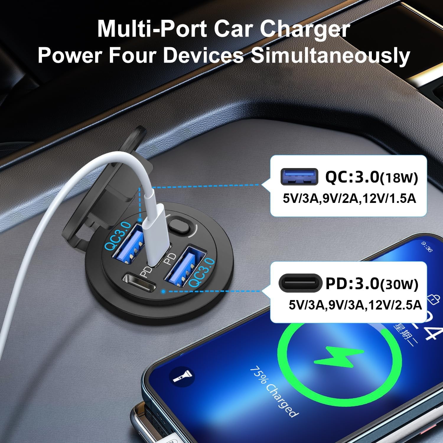 LINYAN-USB C Car Charger Socket, 4 Port Waterproof Dual PD 3.0 & QC 3.0 ...