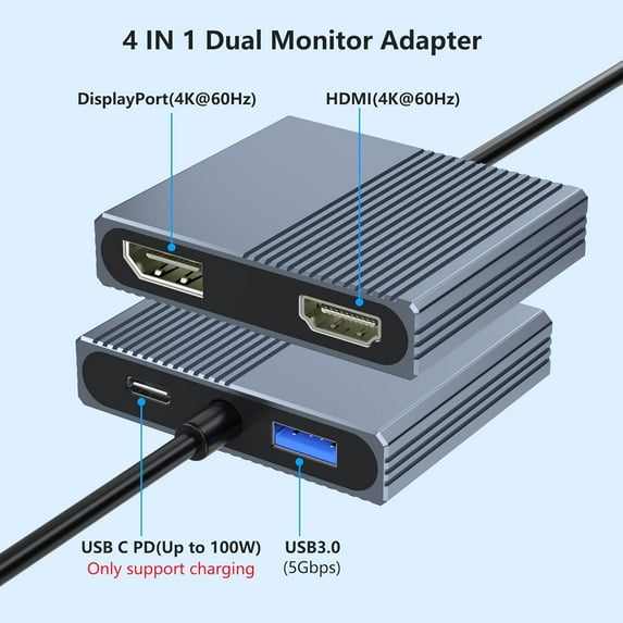 LINYAN-USB C to HDMI and DisplayPort Adapter, 4K @60Hz Dual Monitor ...