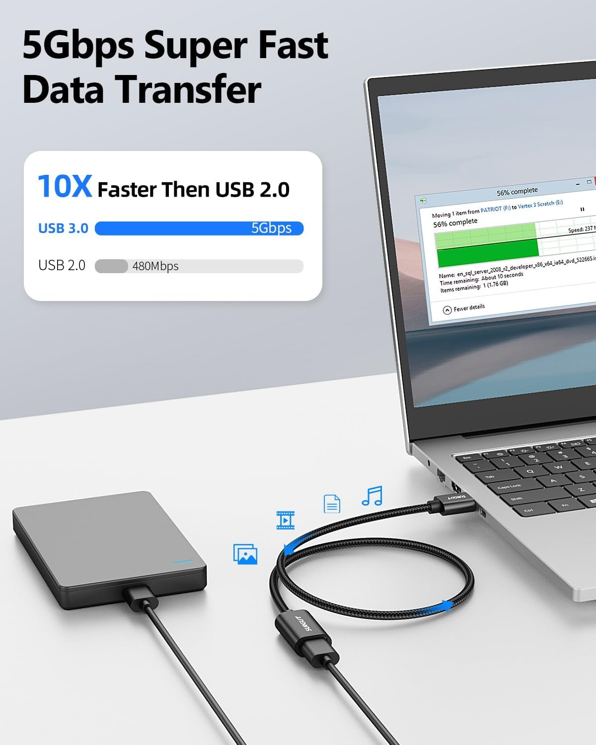 LINYAN-USB Extension Cable, 0.5M USB 3.0 Extension Cable 5Gbps Super ...