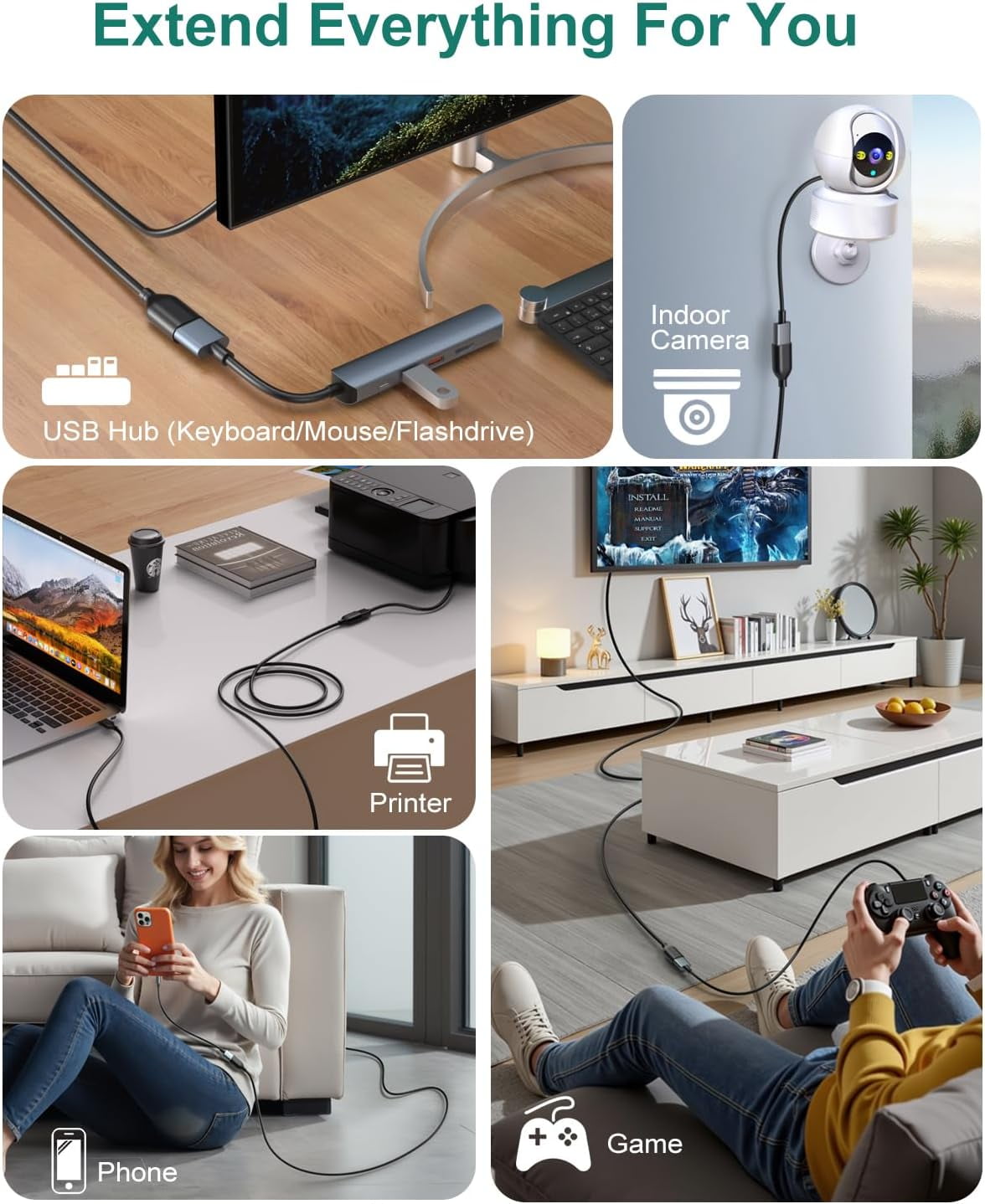 LINYAN-USB Extension Cable, 10 ft [5Pack] Extra Long Type A Male to ...