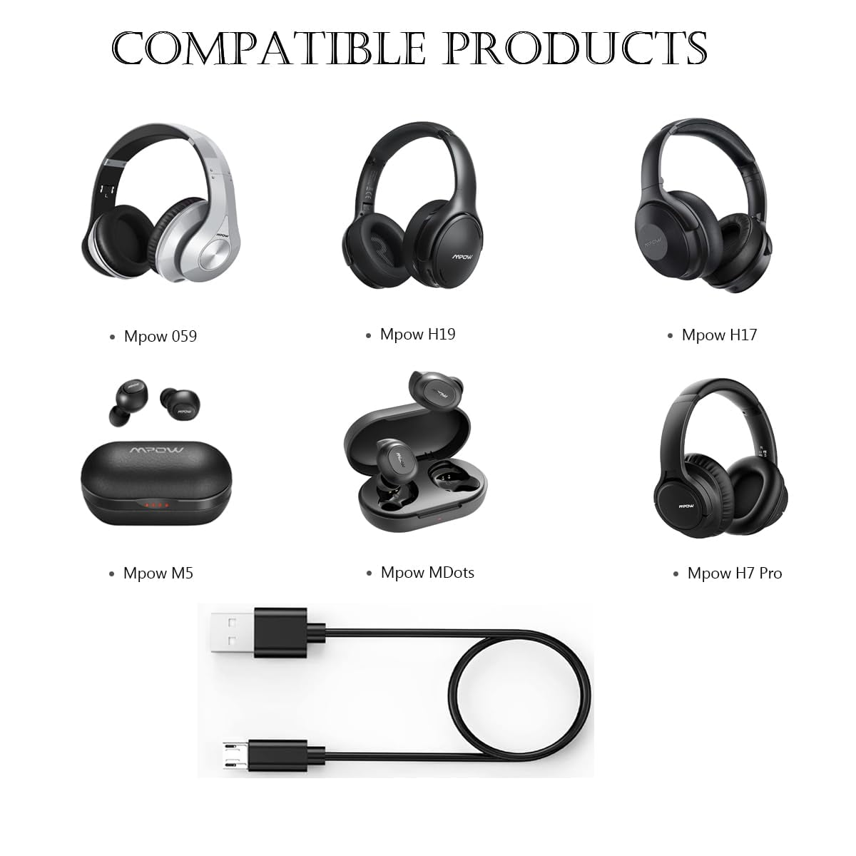 LINYAN-USB Micro Mpow Headphones Charger Cable Compatible for Mpow 059 ...
