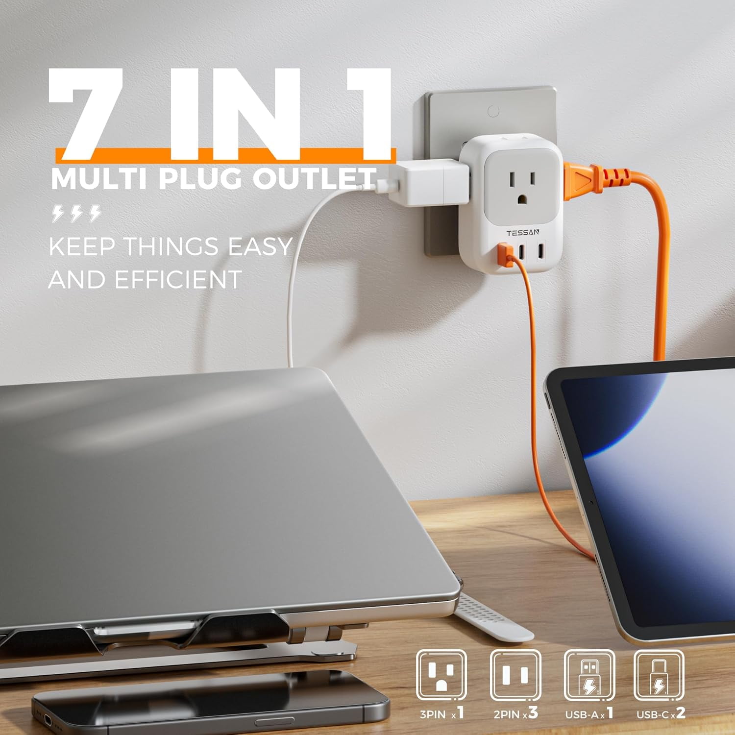 LINYAN-USB Wall Charger, Outlet Splitter with 4 AC Outlets Extender and ...