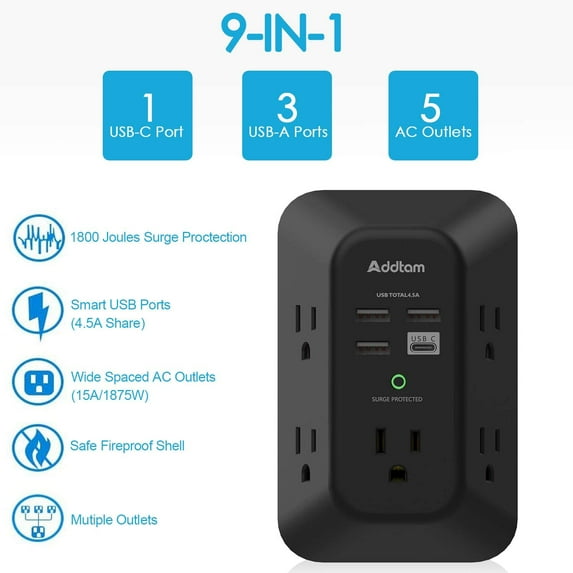 LINYAN-USB Wall Charger Surge Protector - 5 Outlet Extender with 4 USB ...