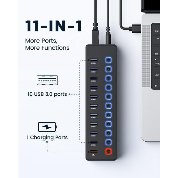 LINYAN-USB hubPowered USB hub, 11-Port hub Splitter10 USB 3.0 Data ...