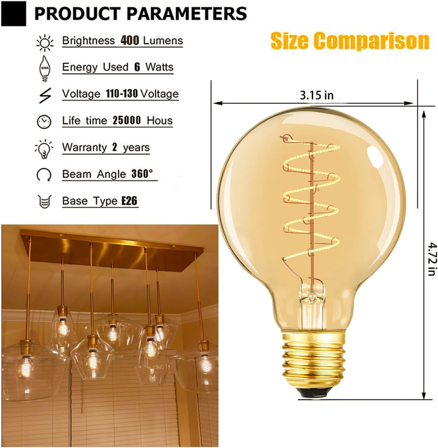 LINYAN-Vintage LED Spiral Filament Bulb G25/G80 Dimmable Flick-Free 6W ...