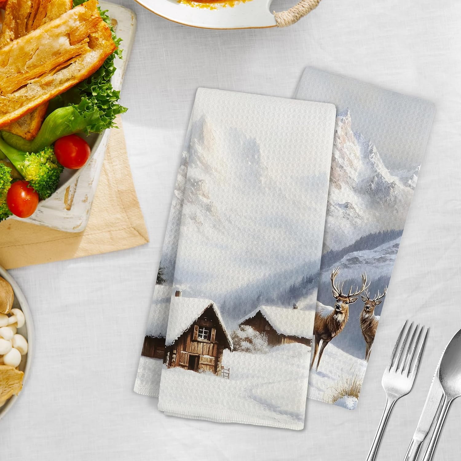 LINYAN-Winter Scene Reindeer Deer Kitchen Towels, Retro Snow Christmas ...