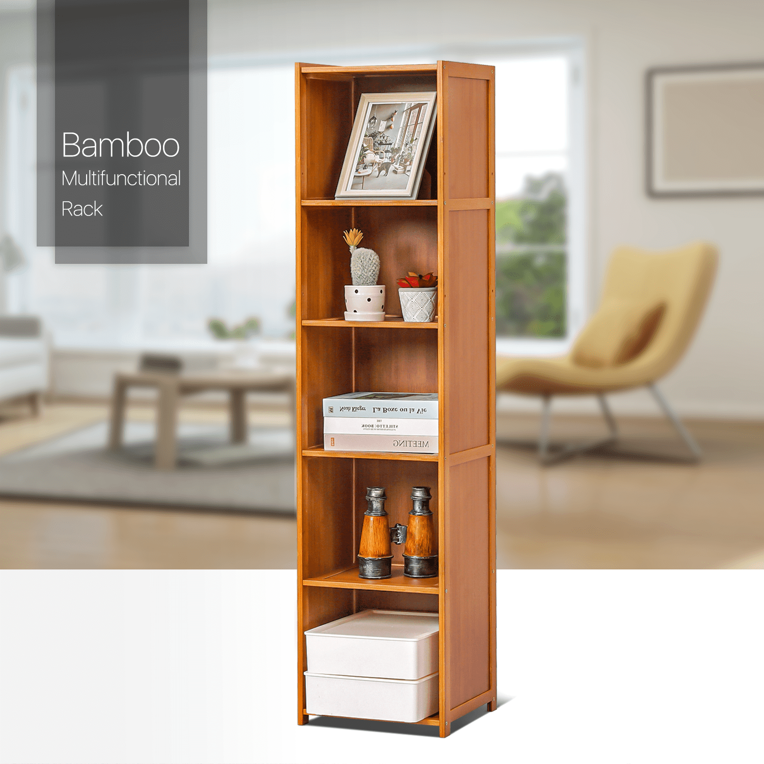 LINZJI 12" Bamboo Narrow [ADJUSTABLE SHELF] Bookcase Organizer Kitchen ...