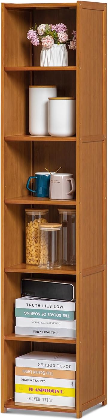 LINZJI 3/4/5/6/7-Tier Bookcase Narrow Bookshelf, Bamboo Small Storage ...
