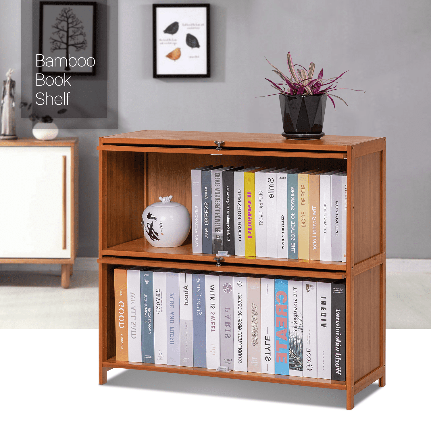 LINZJI 32" Bamboo Bookshelf Utility Storage Cabinet Home Bookcase ...