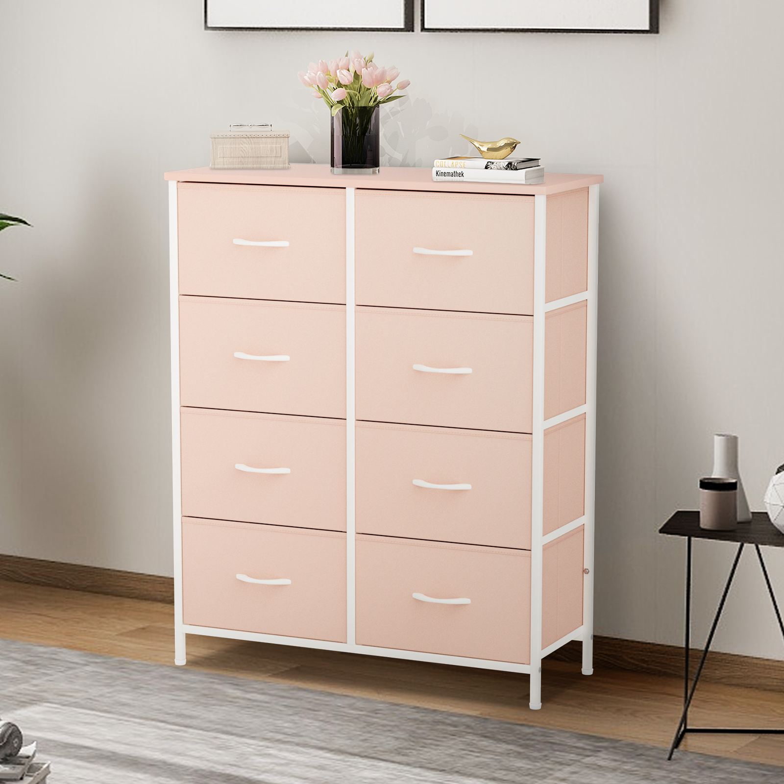LINZJI 8 Drawer Dresser Chest of Fabric Drawer Pink Organizer Storage ...