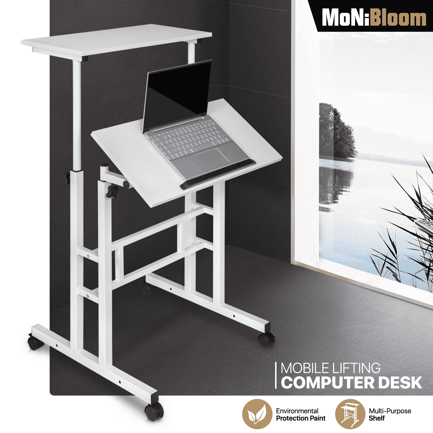 LINZJI Collection Height Adjustable Rolling Desk Mobile Portable Laptop ...