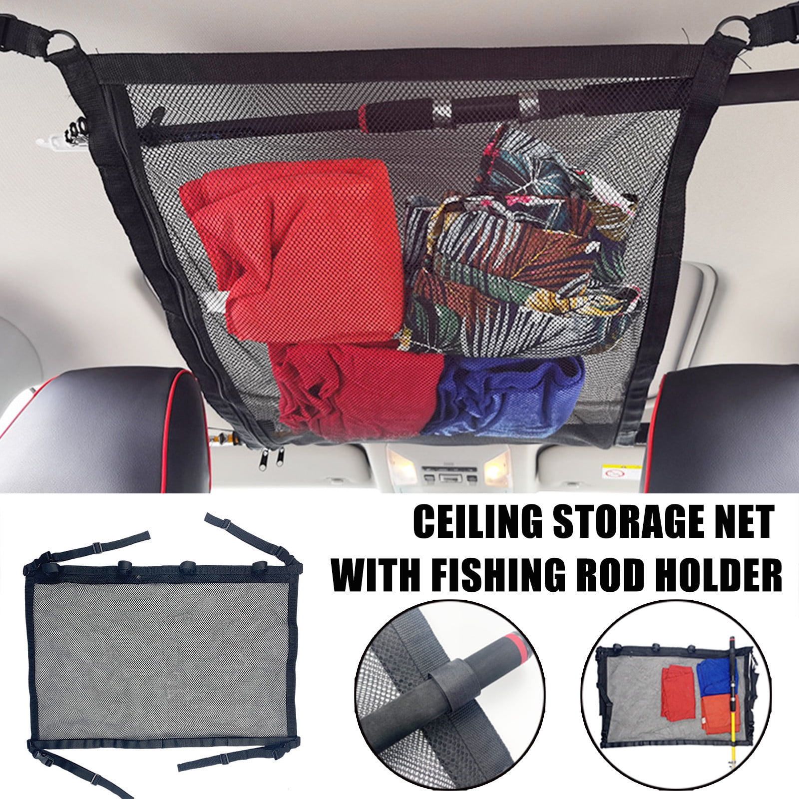 LIORAGLJ SUV Ceiling Storage Net with Fishing Rod Holder for Long ...