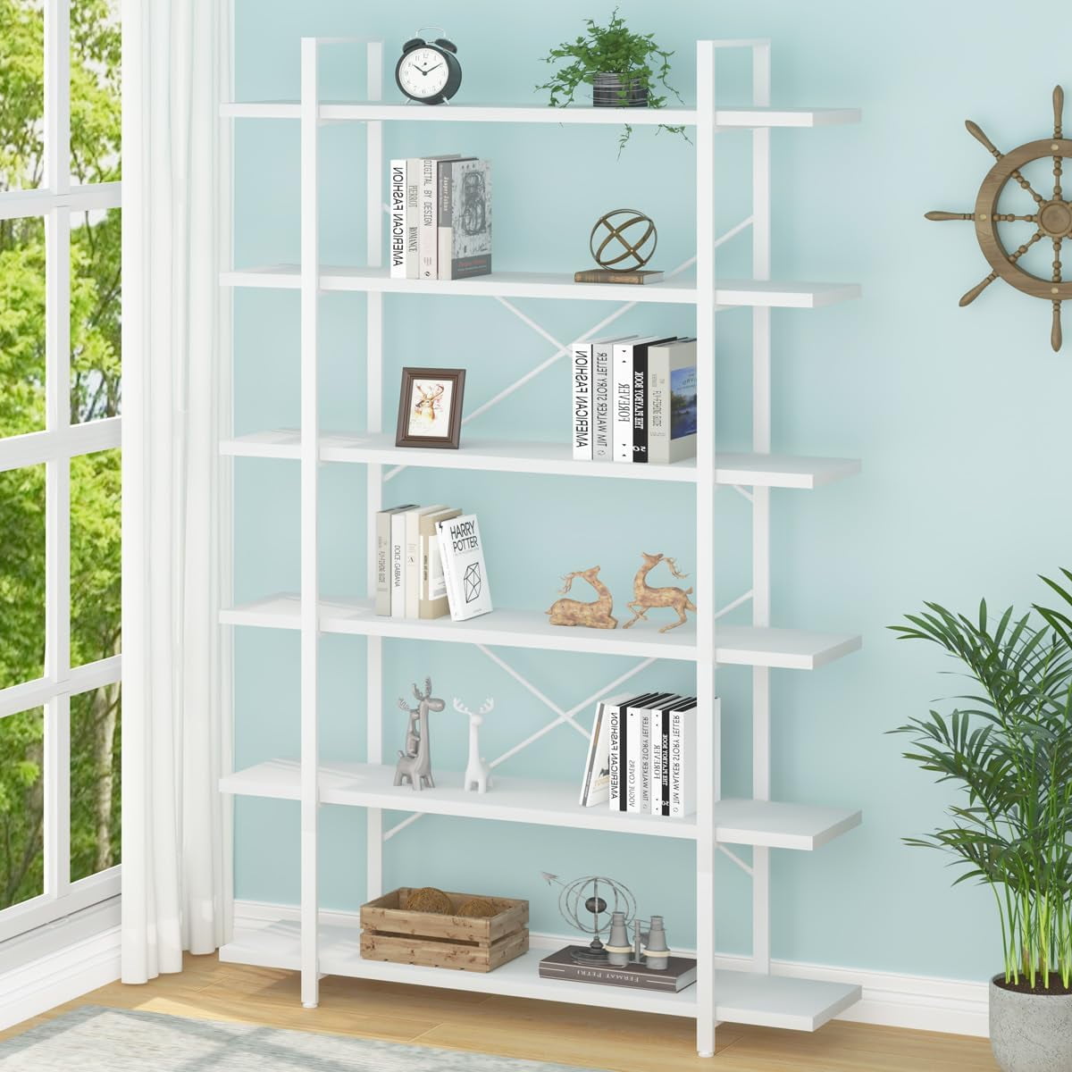 LIQI 6 Tier Tall White Bookshelf, Industrial Modern Vertical Metal and ...