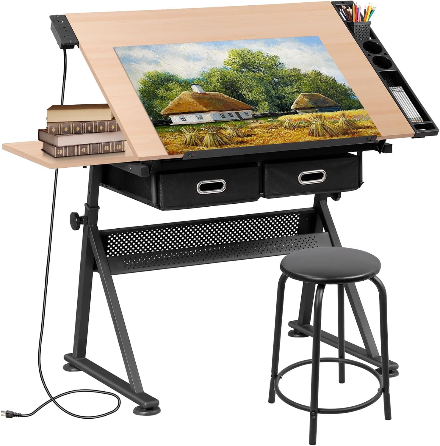 LIQI Adjustable Drafting Table Set with Power Outlet, Tilting Drawing ...