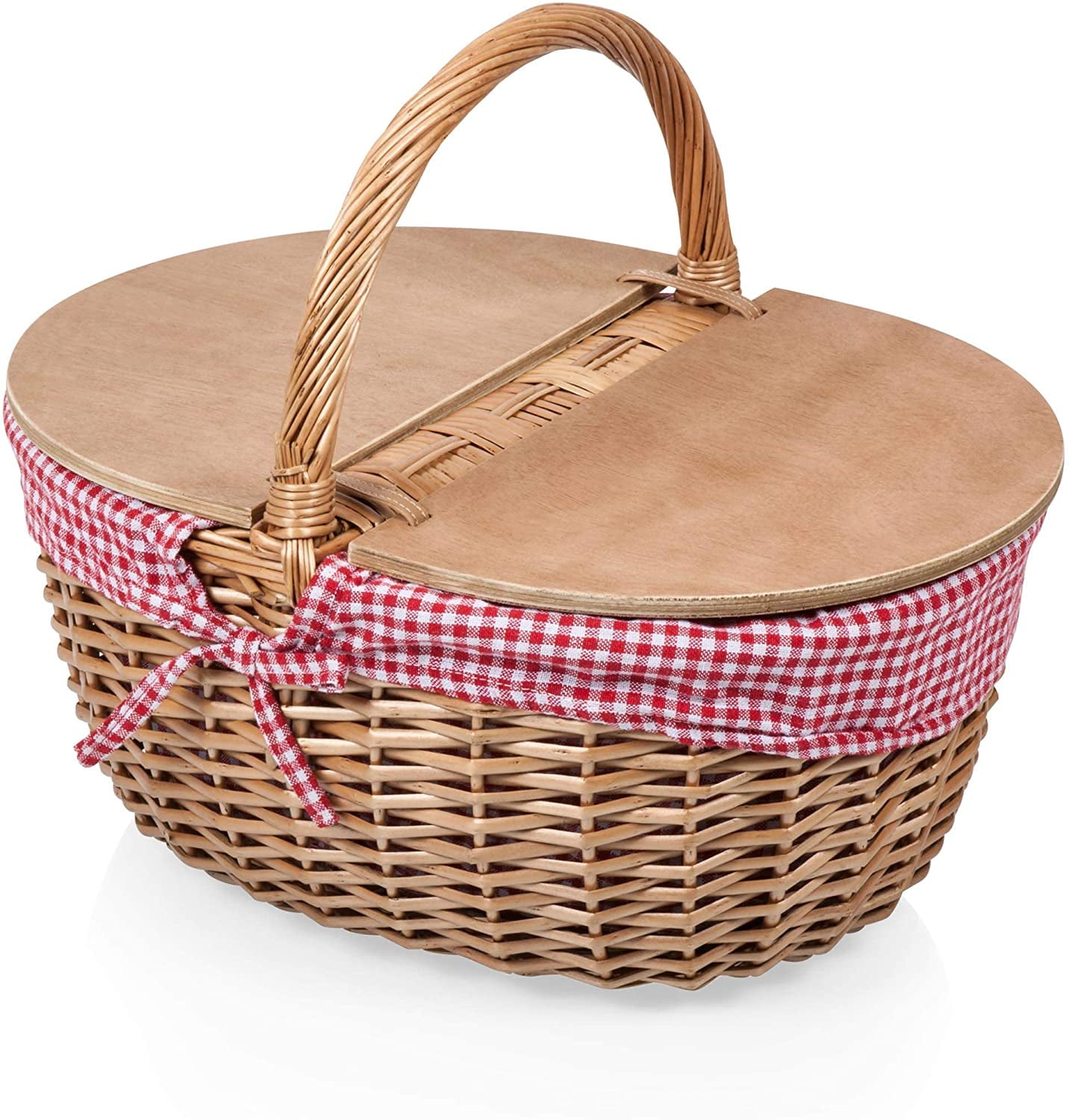 LIQI - Country Vintage Picnic Basket with Lid - Wicker Picnic Basket for 2, (Red & White Gingham ...