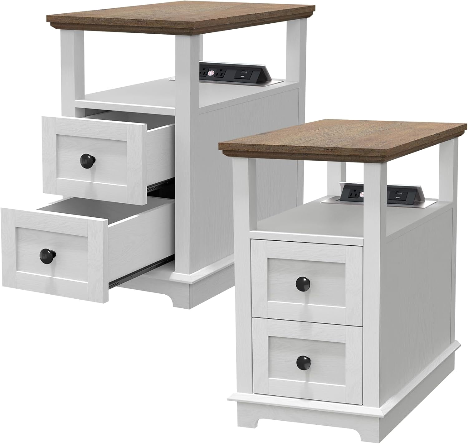 LIQI End Table with Flip Top Charging Station Set of 2, White Side Table with 2 Drawers, Type-C ...