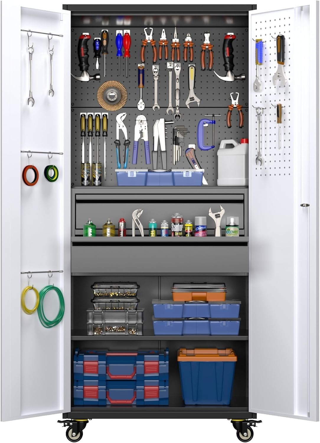 LIQI Garage Storage Cabinet with Wheels, Metal Tool Storage Cabinet with 2 Drawers for Home ...