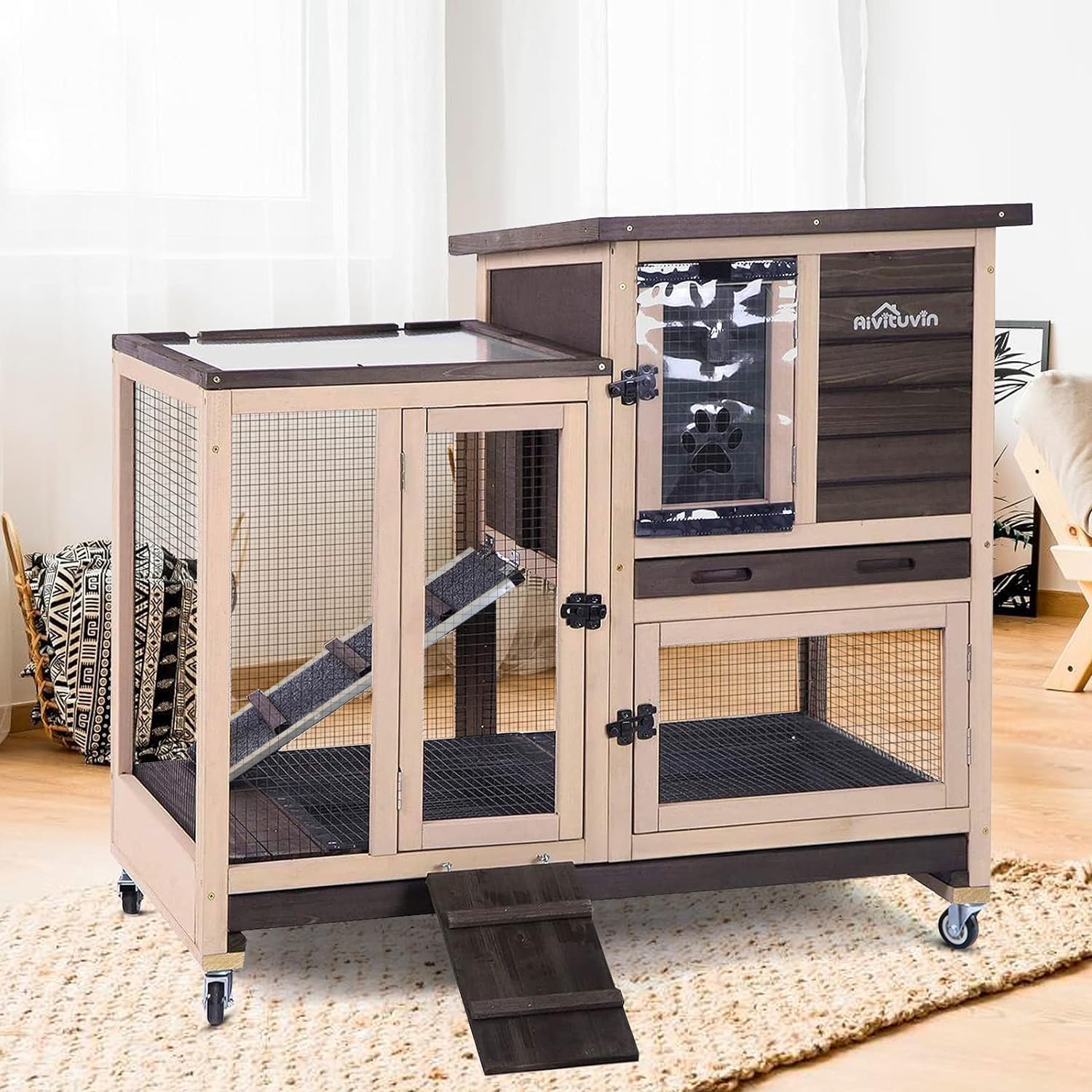 LIQI Indoor Outdoor Rabbit Hutch, Bunny Cage on Wheels with 2 Deep No Leakage Pull Out Trays ...