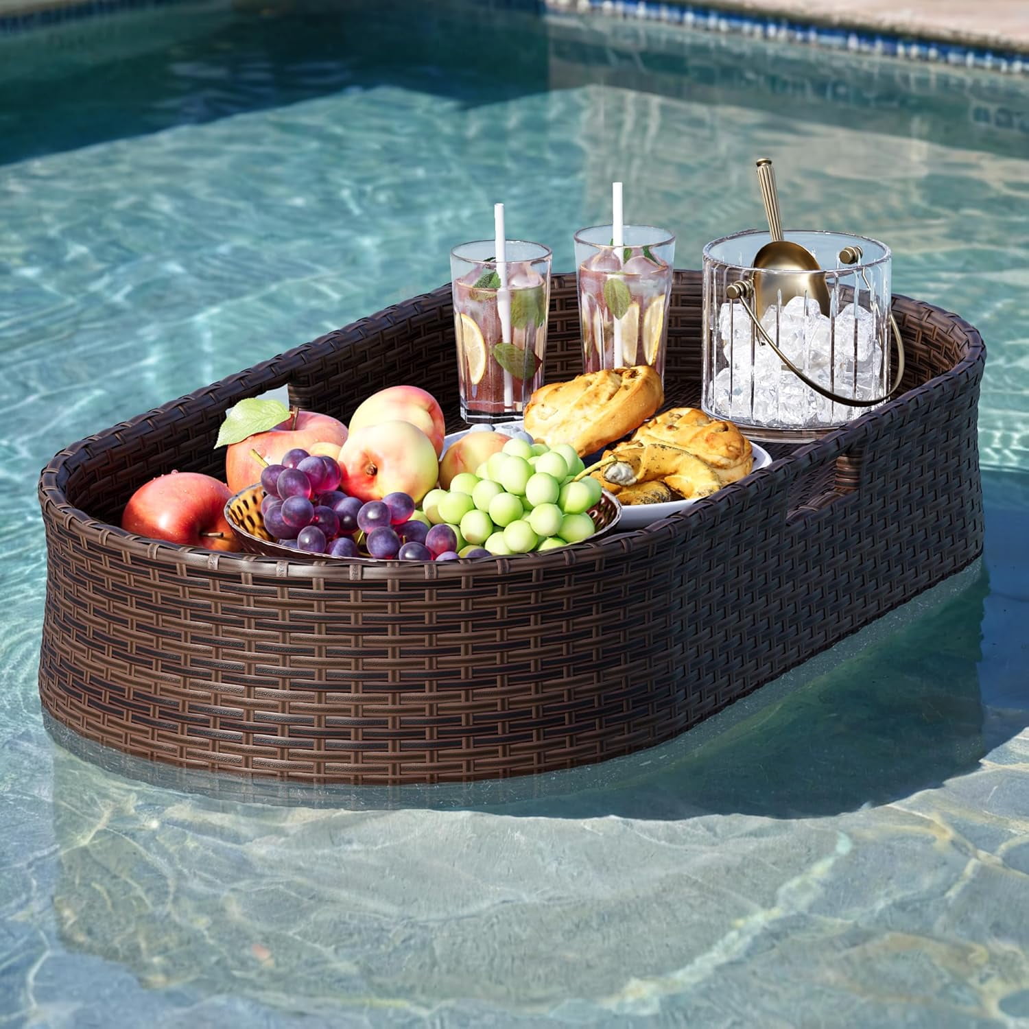 LIQI Pool Tray Floating Table for Pool with Handles Wicker Woven Large ...