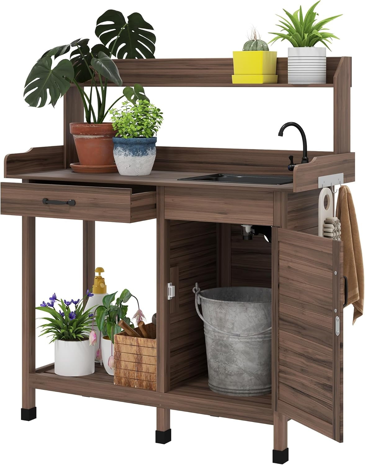 LIQI Potting Bench Table with Sink, Outdoor Work Bench Table with Storage Cabinet, Hooks ...