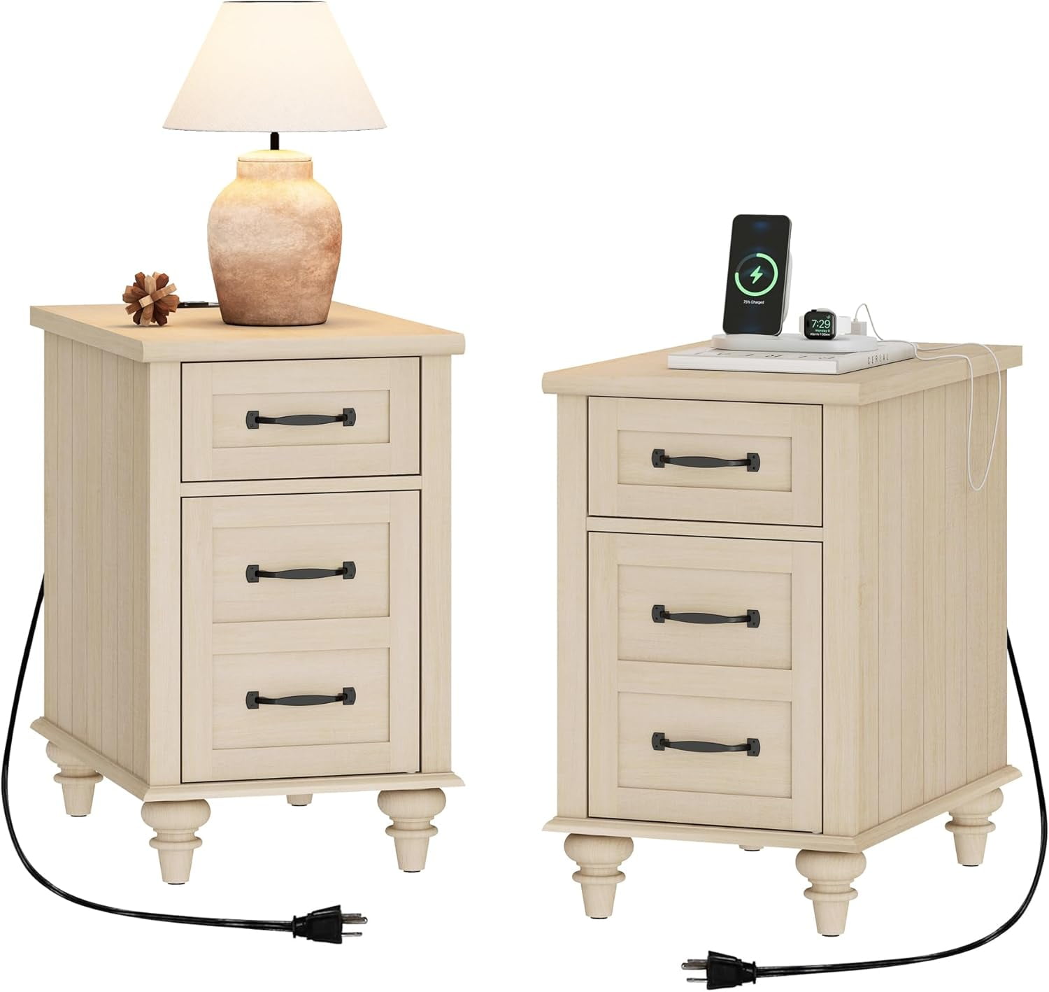 LIQI Set of 2 End Tables with Charging Station, Beige Tall Side Table ...