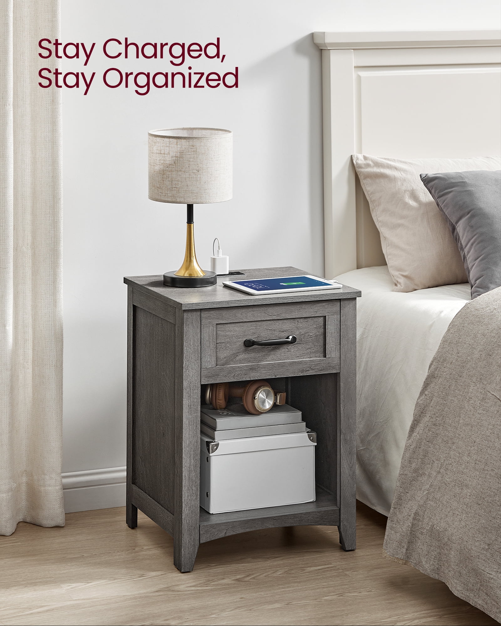 LIRY 2-Piece Farmhouse Nightstand Set with USB Charging Station, Drawer ...