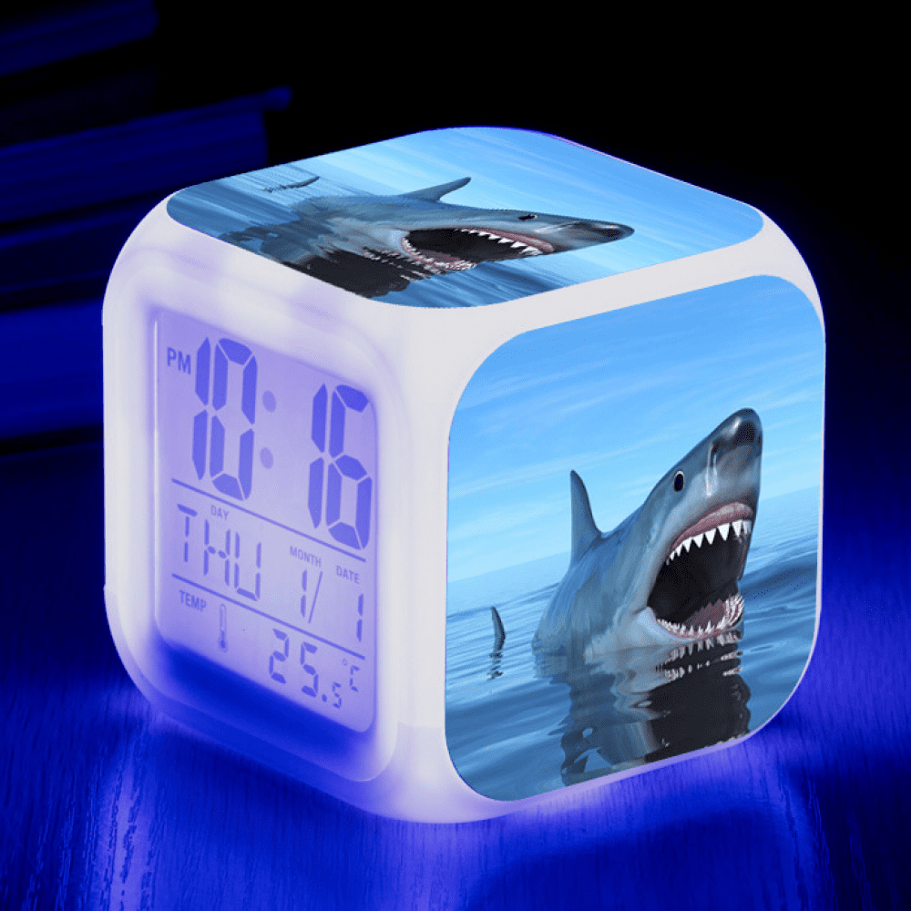 LISACANN Digital Alarm Clock for Kids, Cartoon Sharks Pattern 7 LED ...
