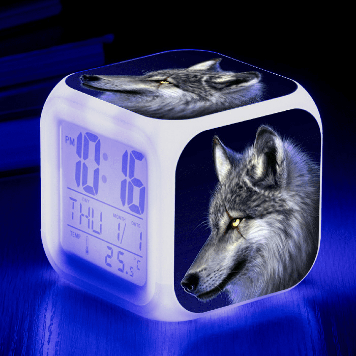 LISACANN LED Alarm Clock Wolf Pattern Creative Desk Table Clock Glowing Electronic Colorful ...