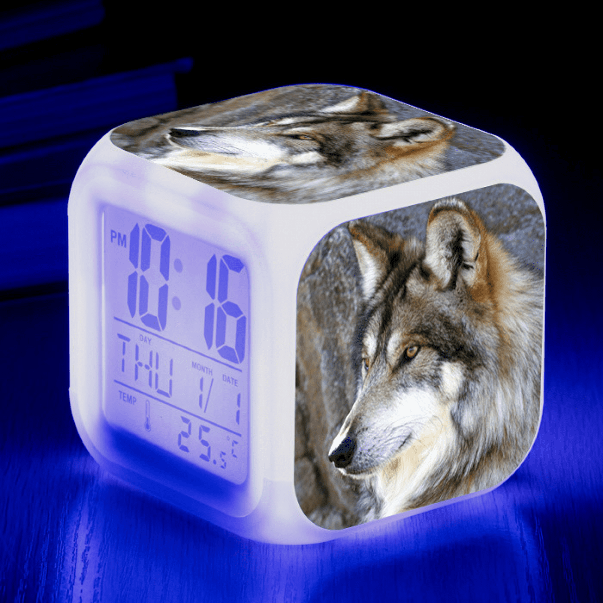 LISACANN LED Alarm Clock Wolf Pattern Creative Desk Table Clock Glowing Electronic Colorful ...