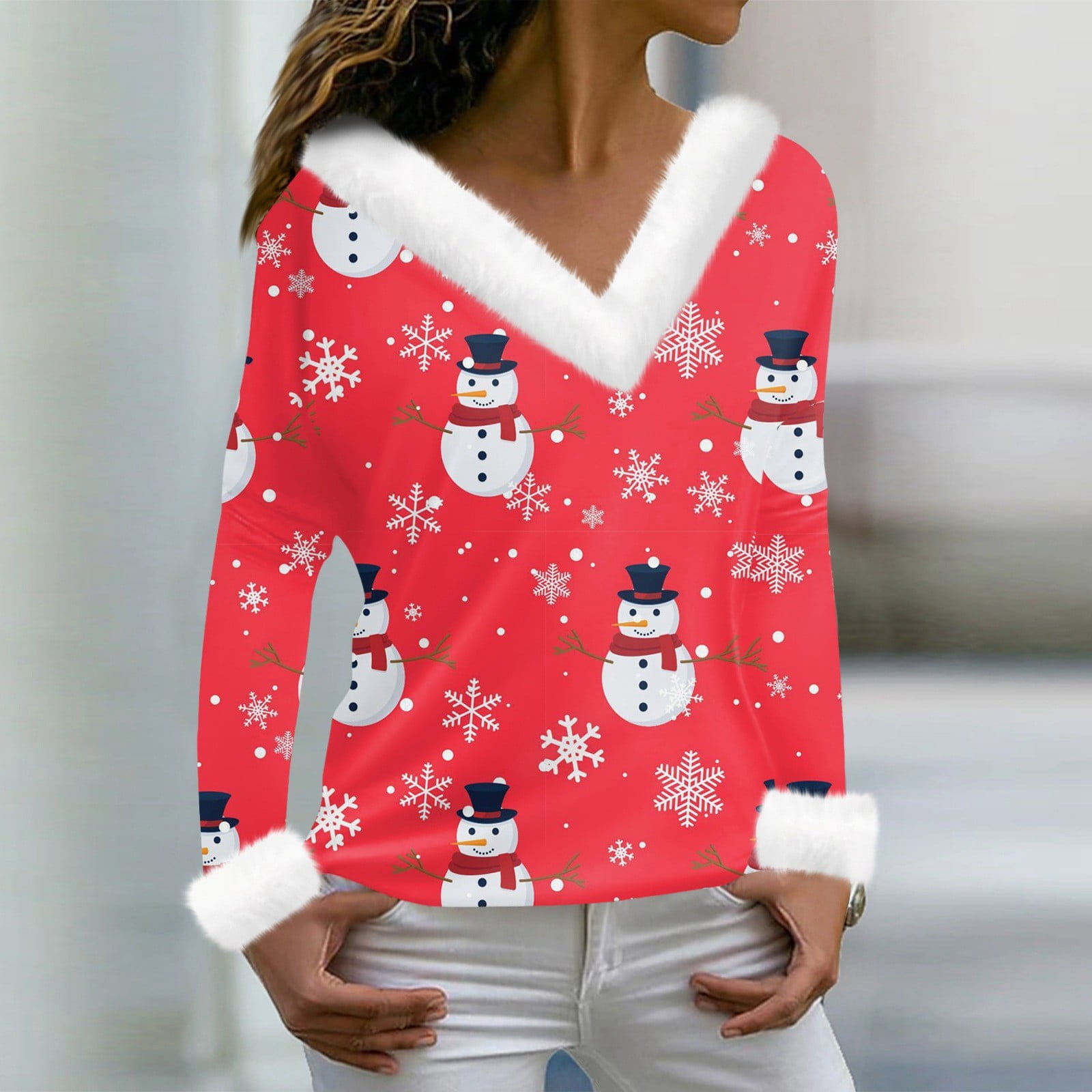 Listha Christmas Plaid Shirt Women Snowman Furry Trim V Neck Tee Winter Christmas Graphic