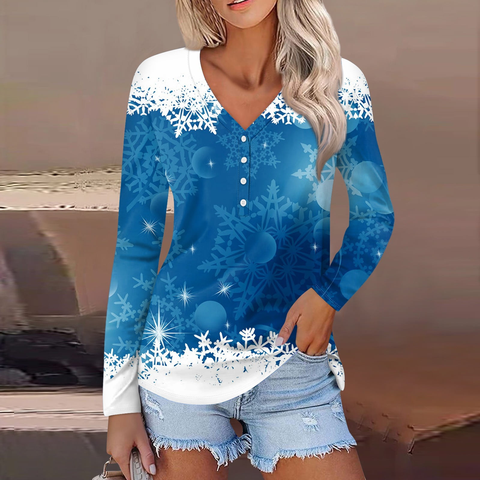 LISTHA Christmas Shirts for Women Long Sleeve Henley V Neck Plaid Tunic ...