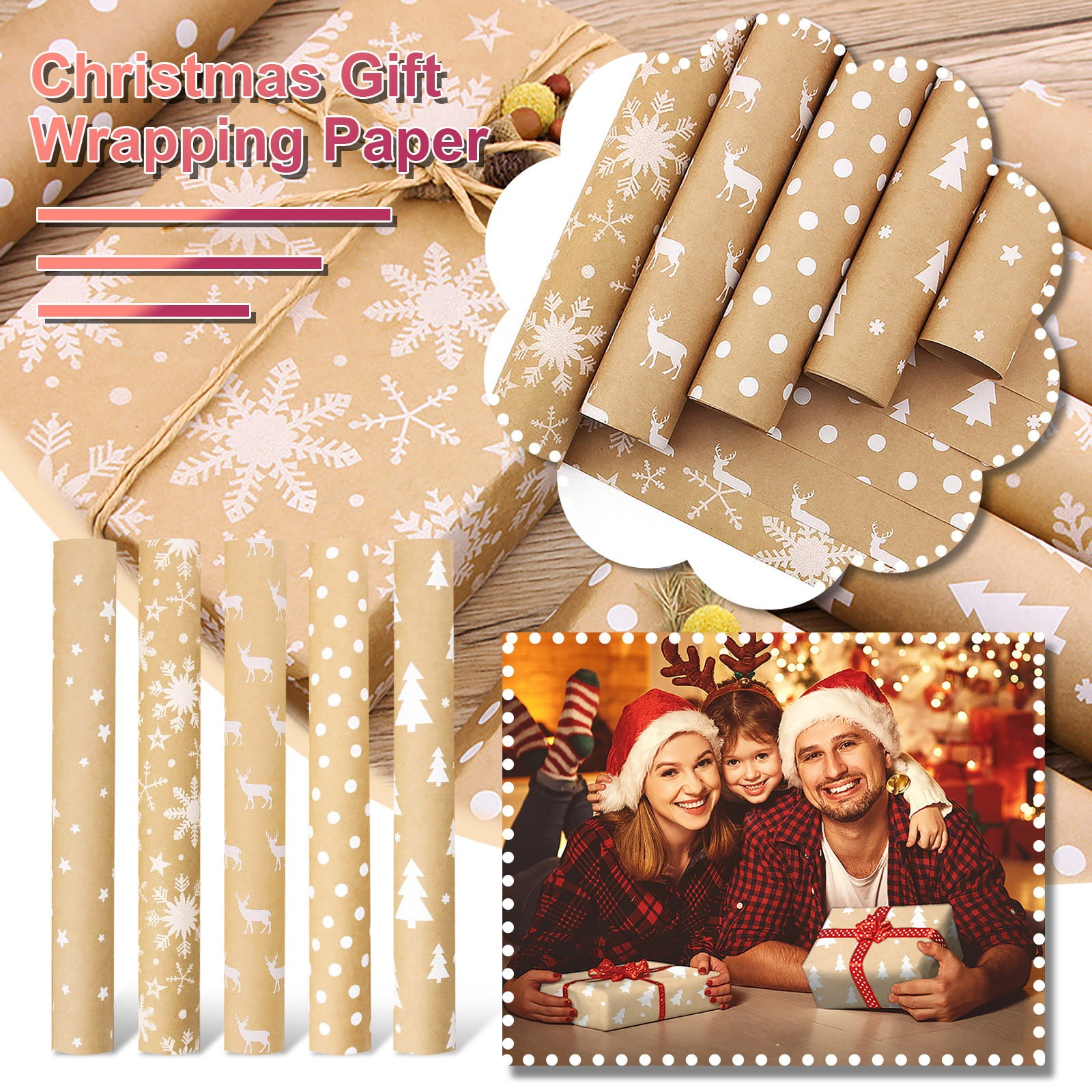 LISTHA Christmas Wrapping Paper Roll, Brown Kraft Gift Wrapping Paper ...