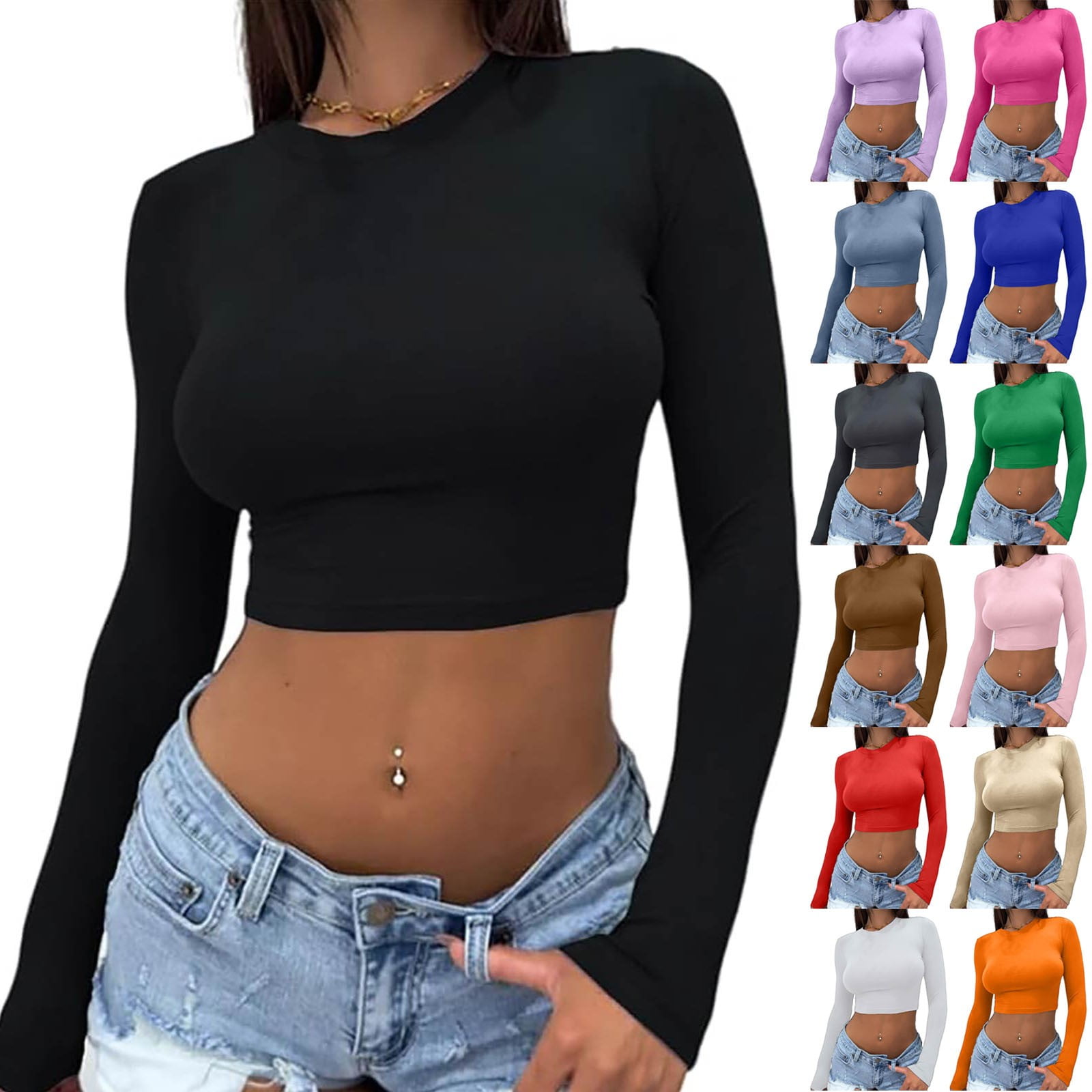 LISTHA Crop Tops for Women Trendy Long Sleeve Going Out Y2k Crew Neck Cropped T Shirts Slim Fit ...