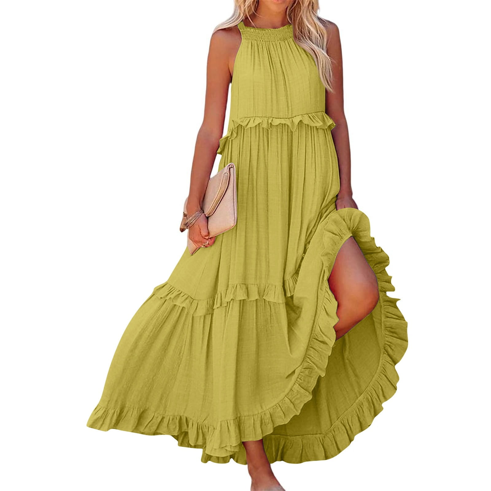 LISTHA Maxi Dresses for Women 2025 2025 Halter Neck Sleeveless Tiered ...