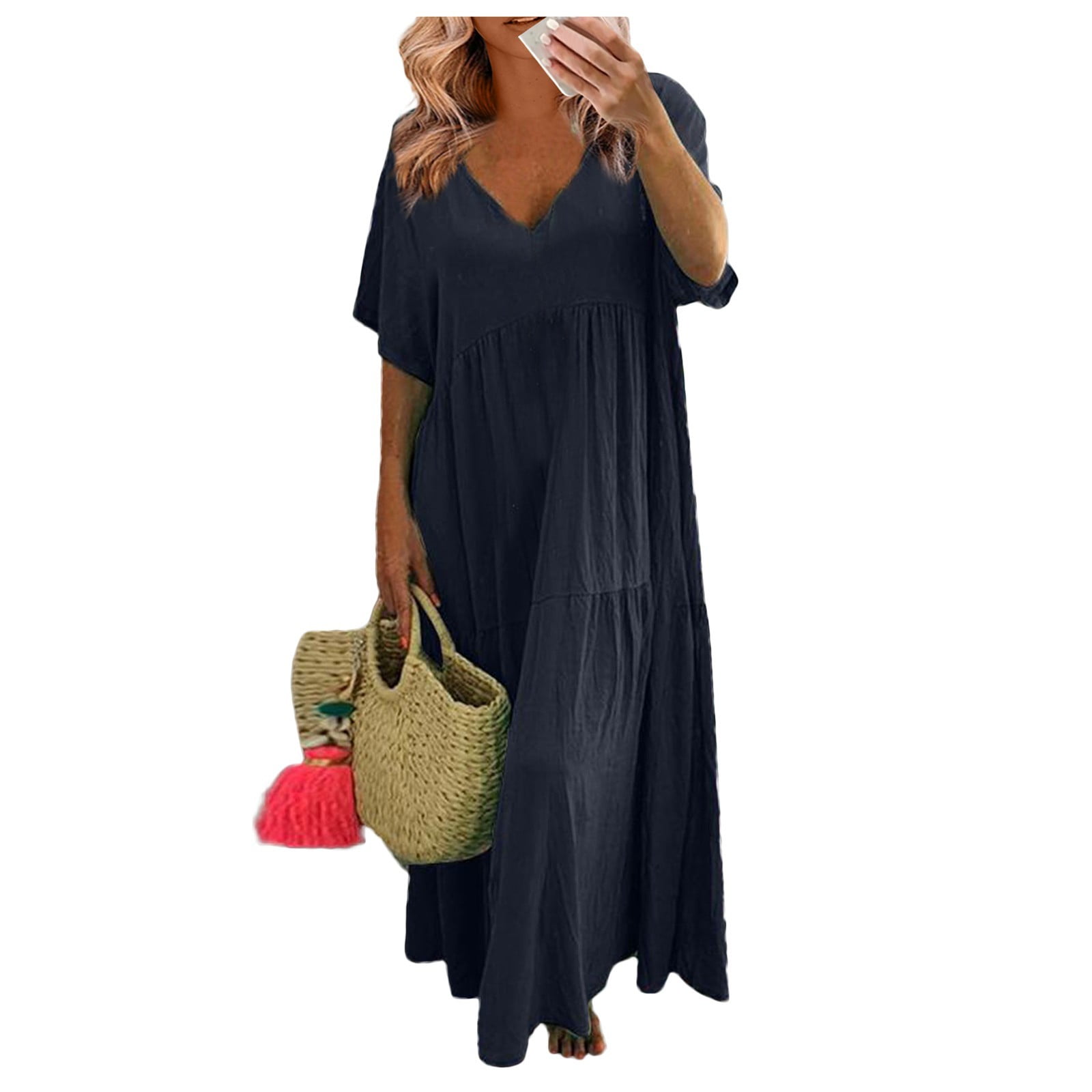 LISTHA Maxi Sundresses for Women Flowy V Neck Short Sleeve 2025 ...