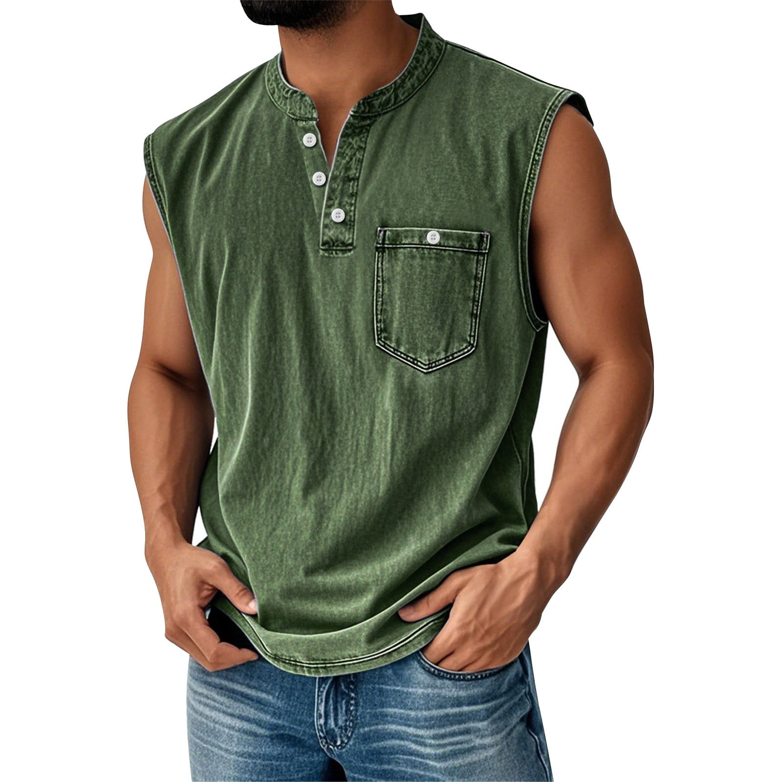 LISTHA Men's Tank Tops Button Distressed Washed Sleeveless Vintage Tee ...