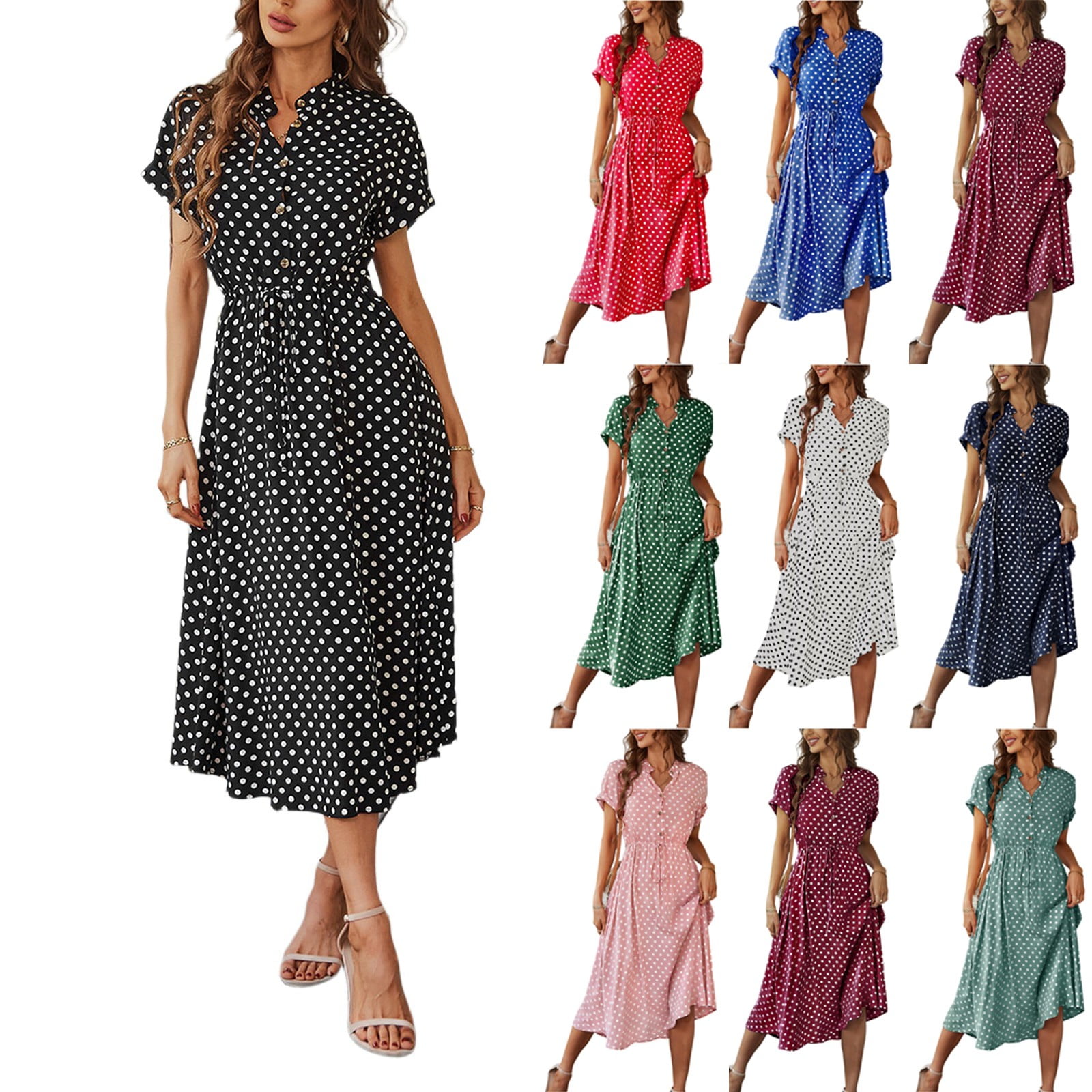 LISTHA Polka Dot Dress for Women V Neck Flowy Waisted Short Sleeve ...