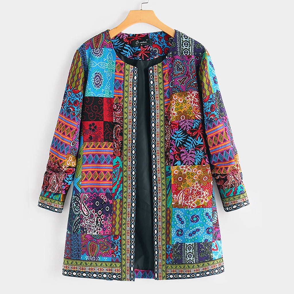 LISTHA Women's Fall Ethnic Boho Floral Print Long Sleeve Jacket Coat ...