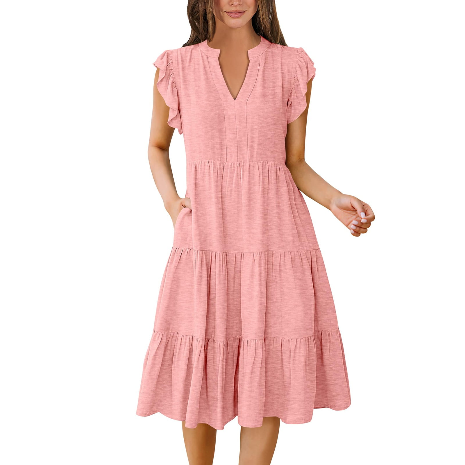 LISTHA Womens Casual Summer Dresses Summer V Neck Ruffle Sleeve Beach ...