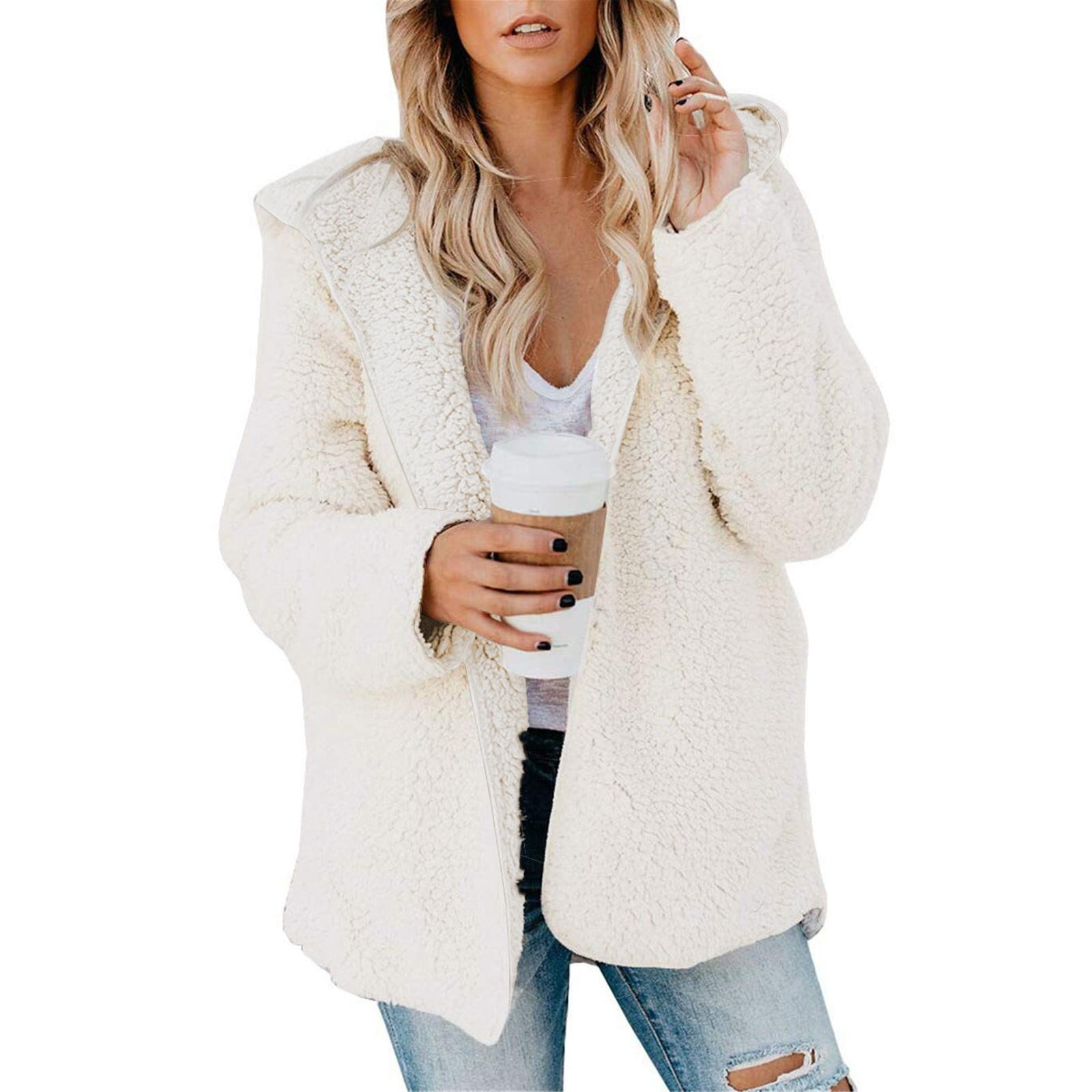 LISTHA Womens Fuzzy Fleece Jacket Open Front Fuzzy Sherpa Coat Plain ...