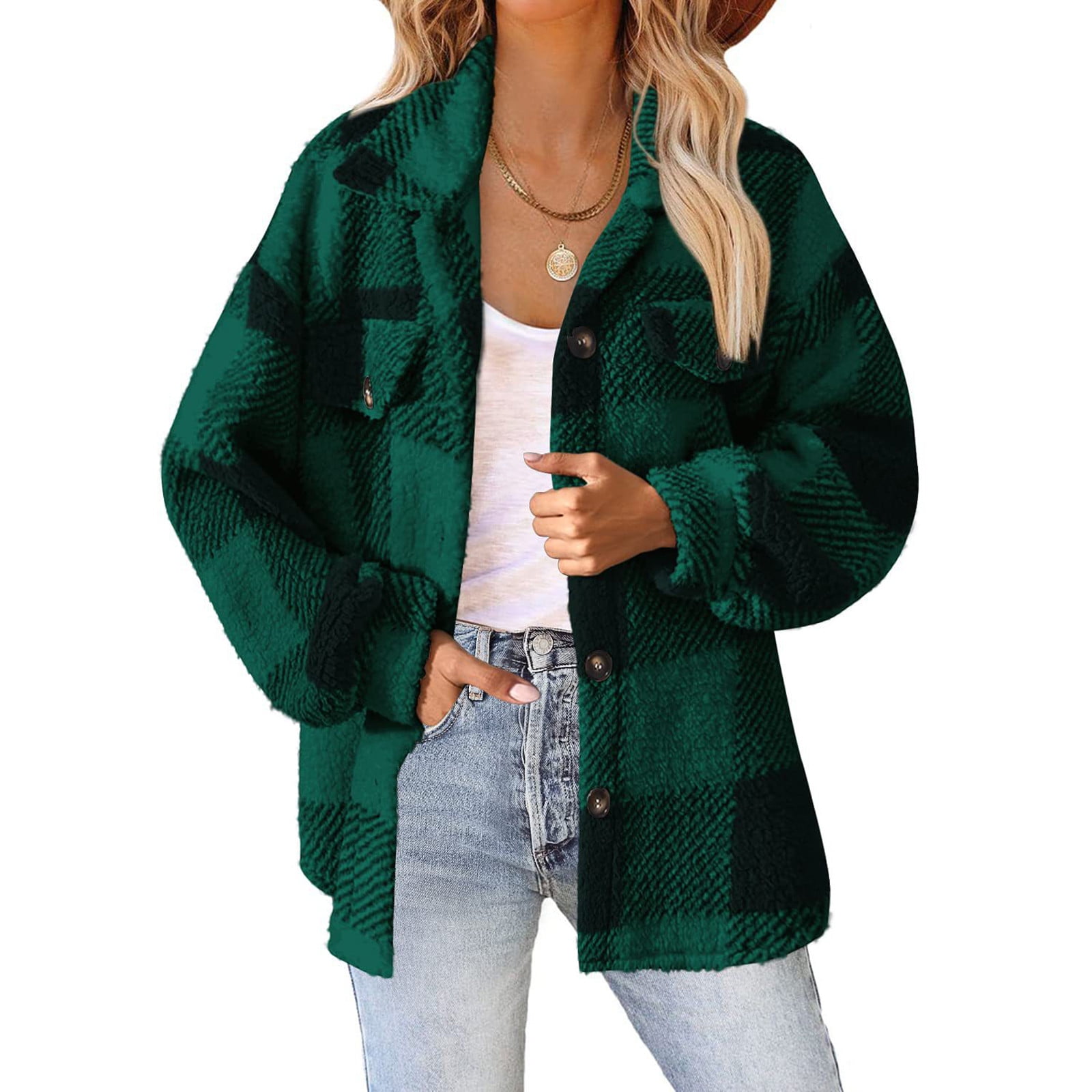 LISTHA Womens Fuzzy Fleece Plaid Shacket Jacket Buffalo Plaid Flannel ...
