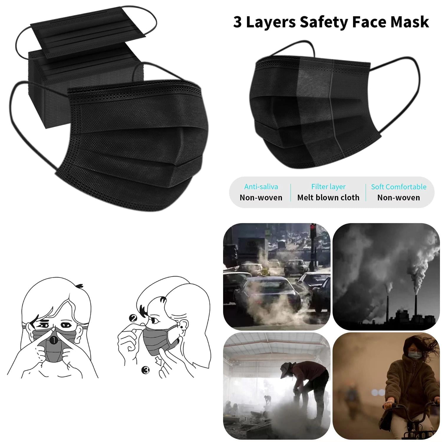 LISUJIM Black Protective Disposable 3 Ply Non-Medical Face Masks with ...