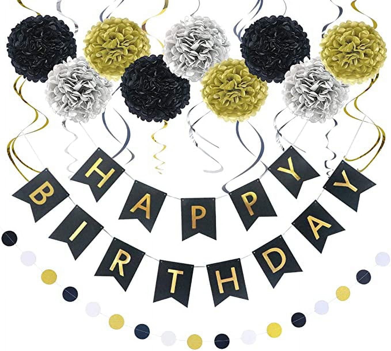 LITAUS Black Gold Birthday Decorations, Pack of 20 | Happy Birthday Banner, Tissue Paper, Swirls ...