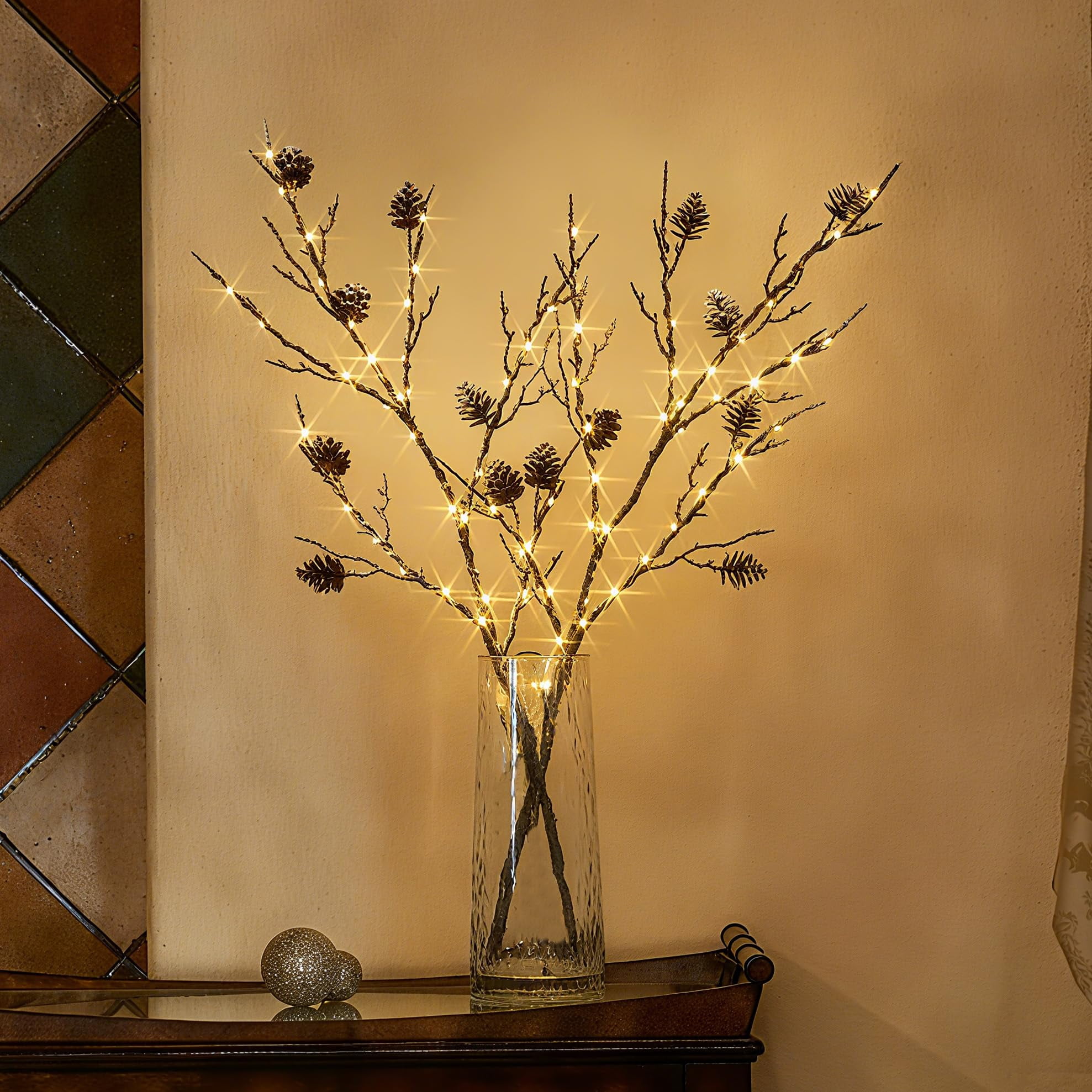 LITBLOOM Lighted Pine Cone Branches with Timer Battery Operated and USB ...