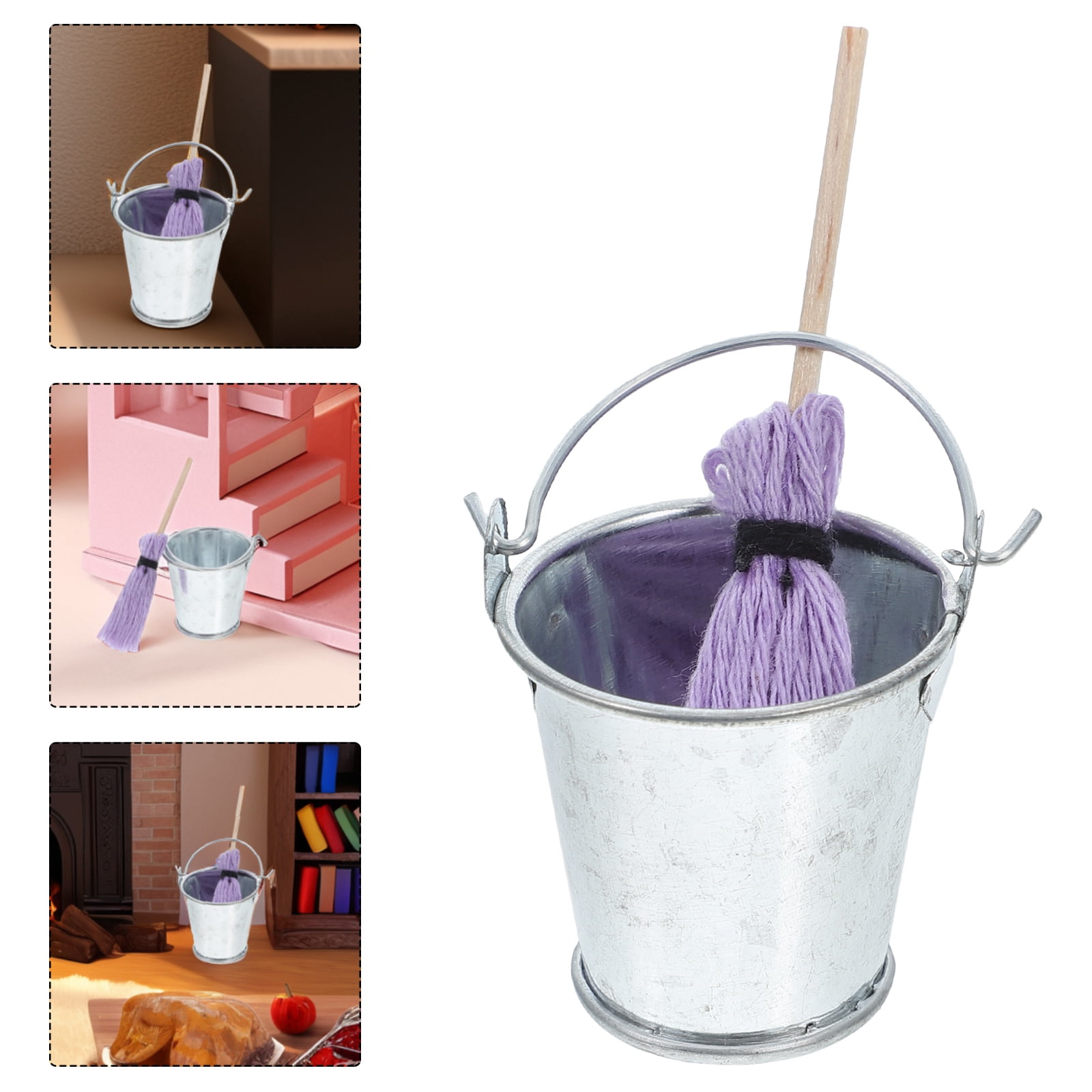 LITINKIMI Mini Tin Bucket and Mop Set 7In Iron Wood Portable Self ...