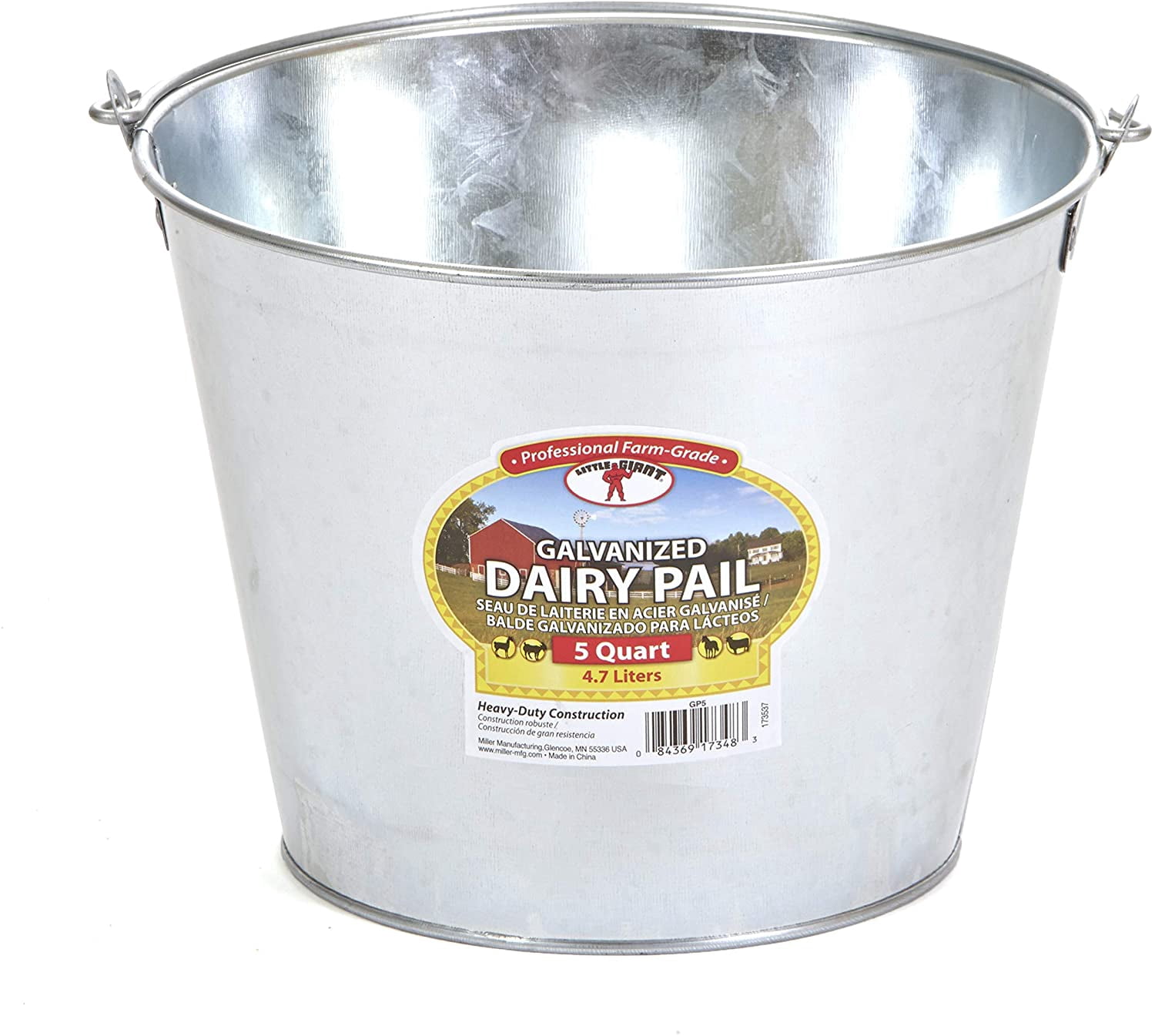 Little Giant 5 Quart Galvanized Dairy Pail Heavy Duty Construction With ...